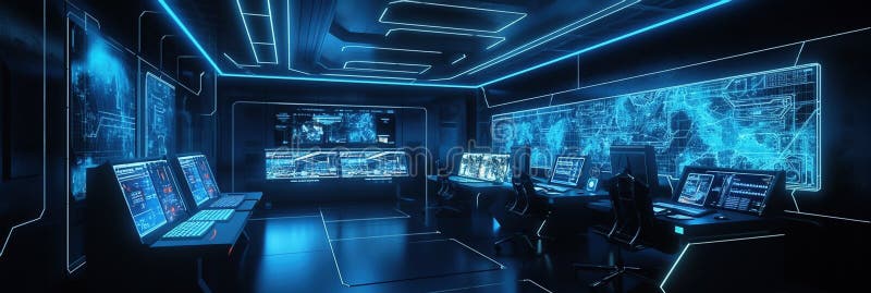Command Center Interior Banner. 3d Room with Neon Light. Sci-fi Concept ...