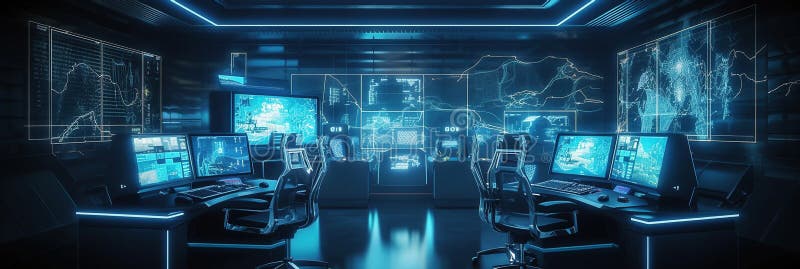 Command Center Interior Banner. 3d Room with Neon Light. Sci-fi Concept ...