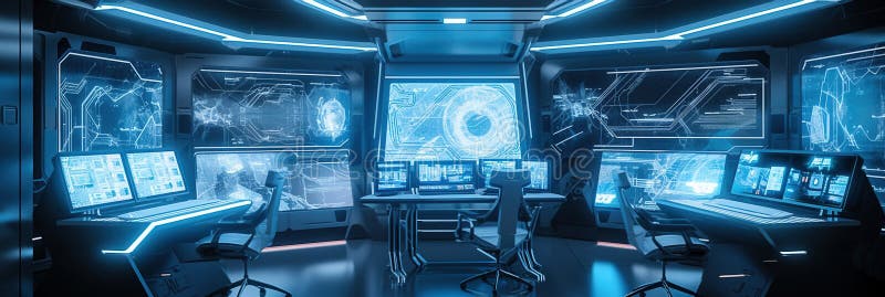 Command Center Interior Banner. 3d Room with Neon Light. Sci-fi Concept ...