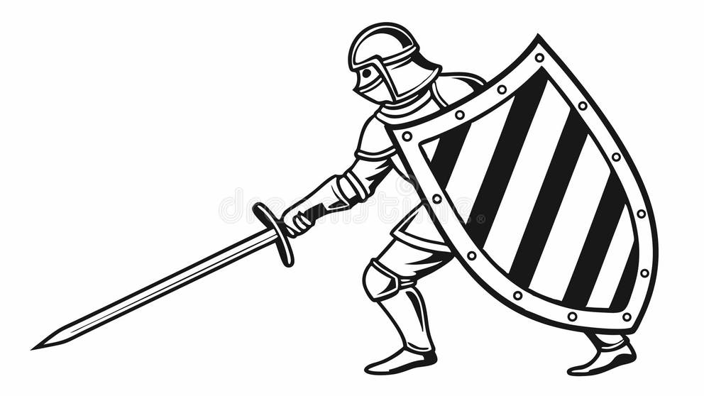 Knight with Striped Shield and Sword, Combat Stance, Vector Design ...