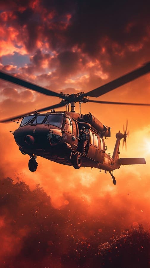 Commando Mission Helicopter Drop with a Vibrant Sunset Backdrop Stock ...