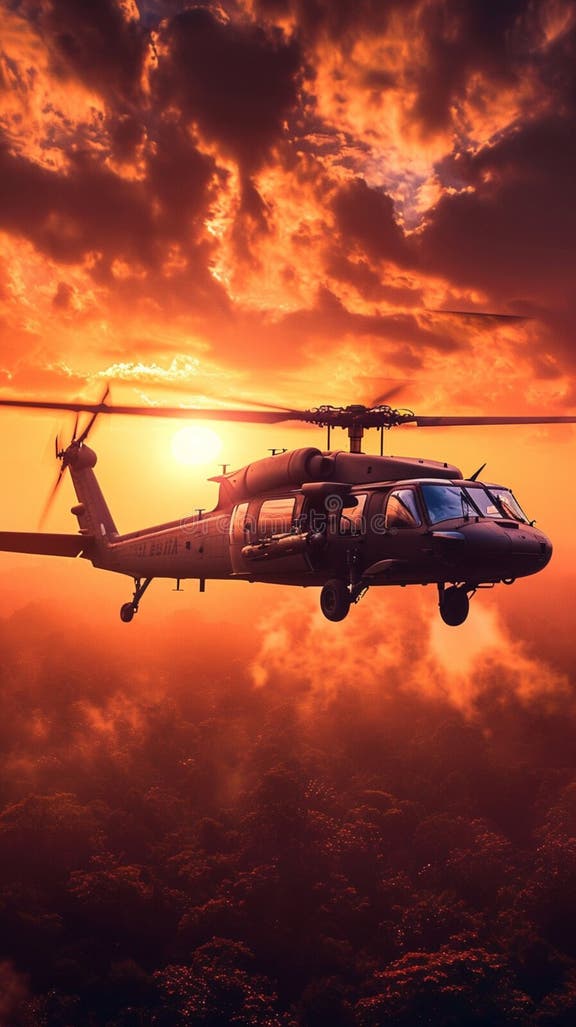 Commando Mission Helicopter Drop with a Vibrant Sunset Backdrop Stock ...