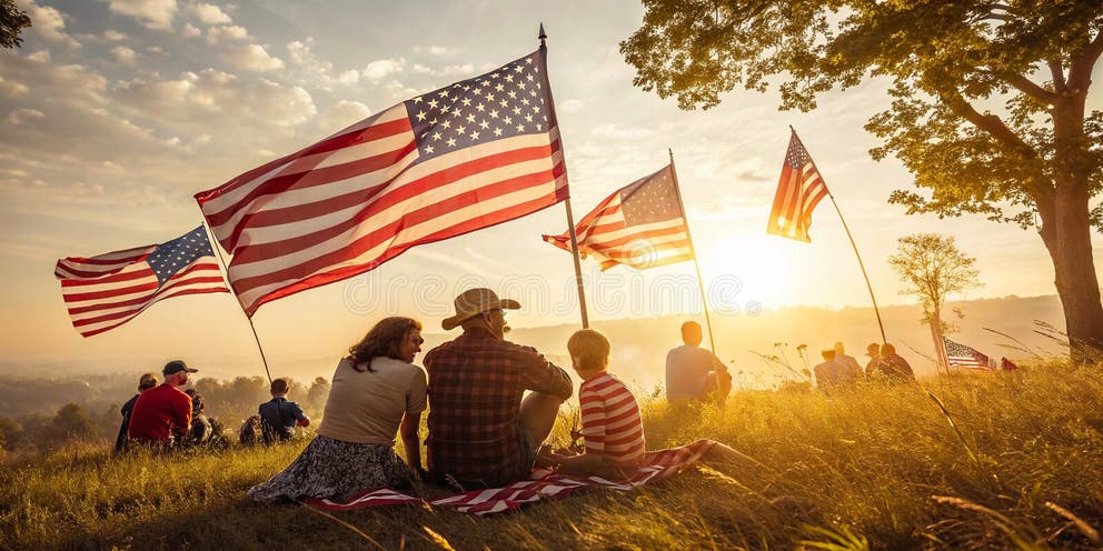 Commemorative Memorial Day Scene with American Flags Stock Illustration ...