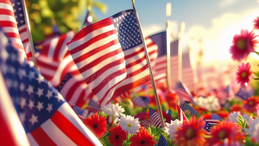 Commemorative Memorial Day Scene with American Flags Stock Illustration ...