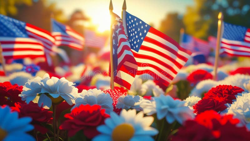 Commemorative Memorial Day Scene with American Flags Stock Illustration ...