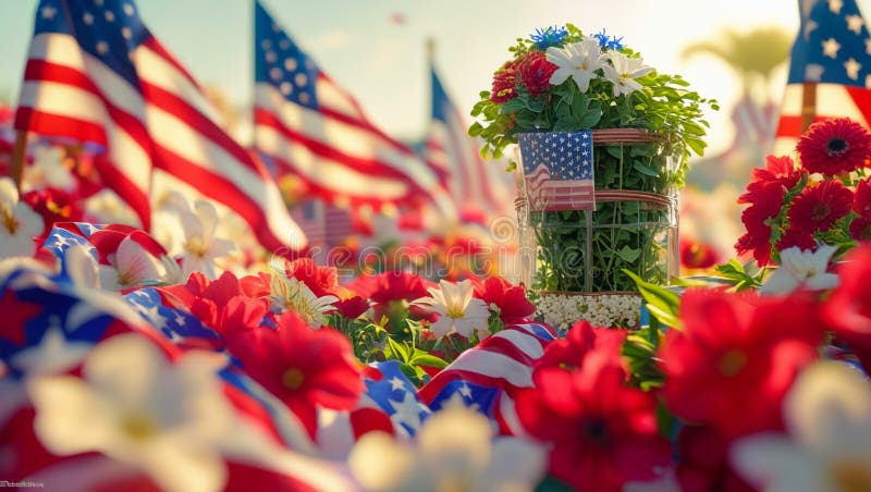 Commemorative Memorial Day Scene with American Flags Stock Illustration ...