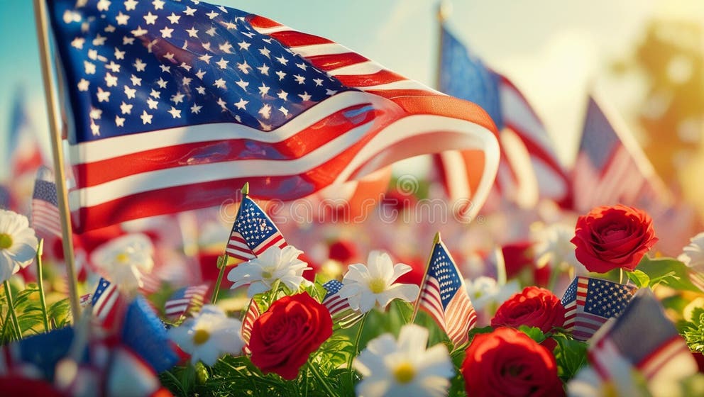 Commemorative Memorial Day Scene with American Flags Stock Illustration ...