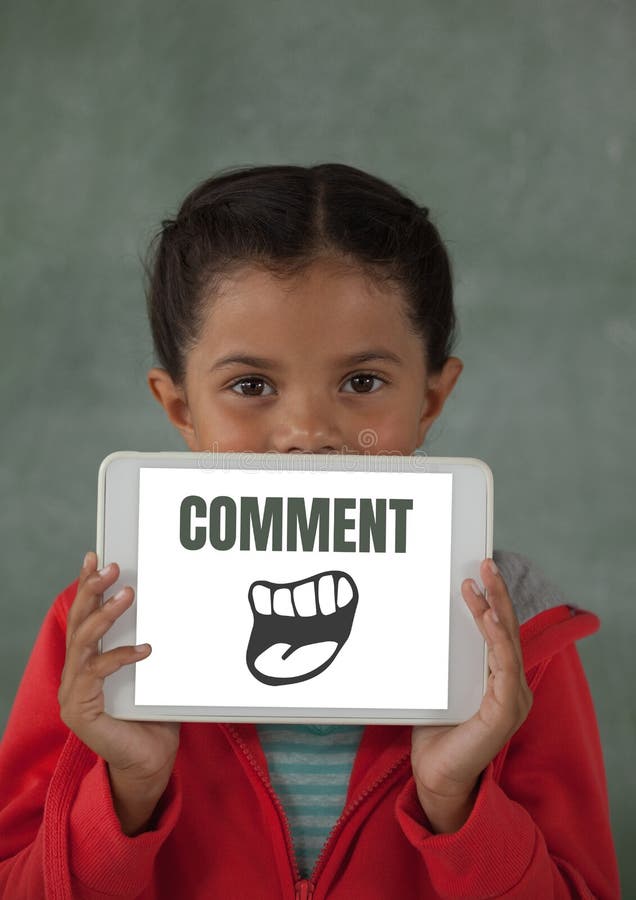 Comment Text and Cartoon Mouth Graphic on Tablet Screen with Girl Stock ...