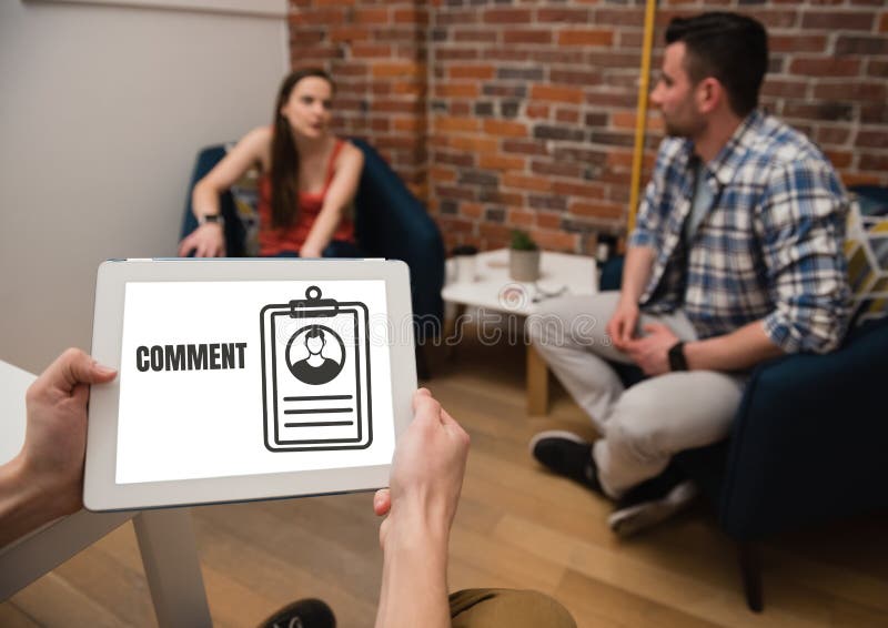 Comment Text and Graphic on Tablet Screen with People Stock Photo ...