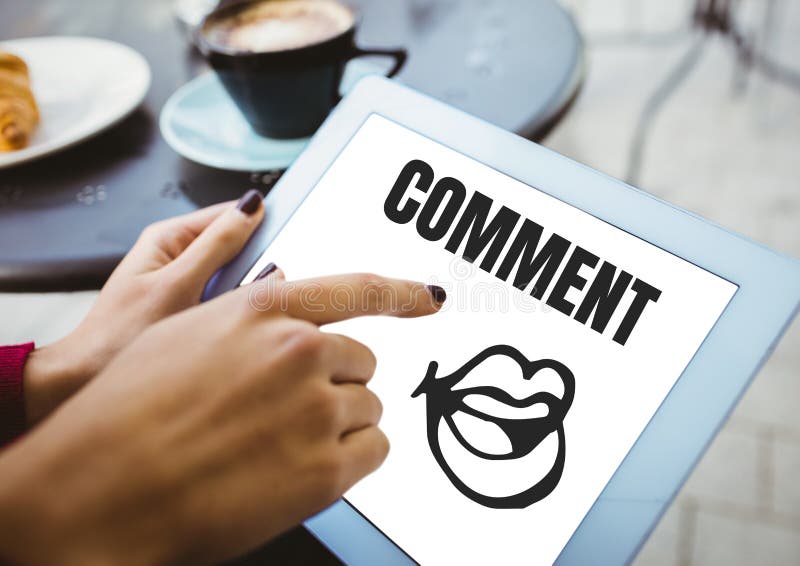 Comment Text and Mouth Graphic on Tablet Screen with Hands Stock Image ...