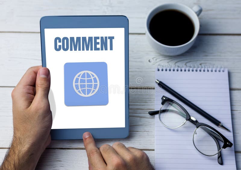 Comment Text and World Graphic on Tablet Screen with Hands Stock Image ...