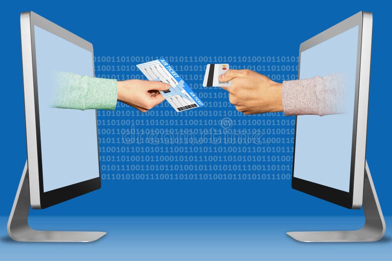 Commerce Concept, Two Hands from Computers. Air Ticket and Hand with ...