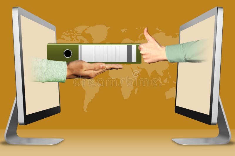 Commerce Concept, Two Hands from Laptops. Folder and Thumbs Up, Like ...