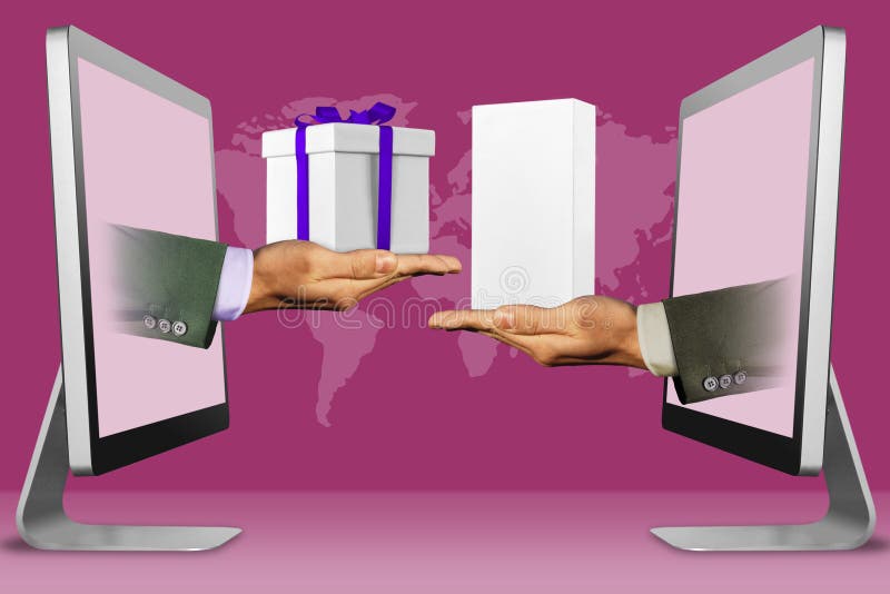 Commerce Concept, Two Hands from Monitors. Hand with Gift Box and Hand ...