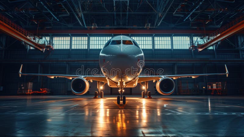 Commercial Airliner Illuminated in a Hangar, Front View. Stock Photo ...