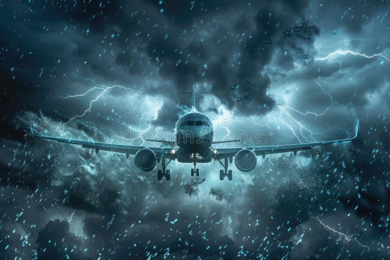 Commercial Airplane Approaching through a Storm with Visible Lightning ...