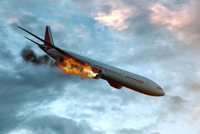 Commercial Airplane with Engine on Fire, Concept of Aerial Disaster. 3D ...