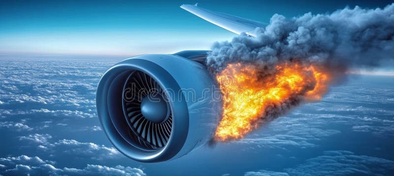 Commercial Airplane Engine Fire and Smoke during Flight, Air Disaster ...
