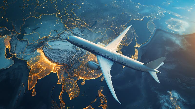 Commercial Airplane Flies Over an Illuminated Global Map at Night Stock ...