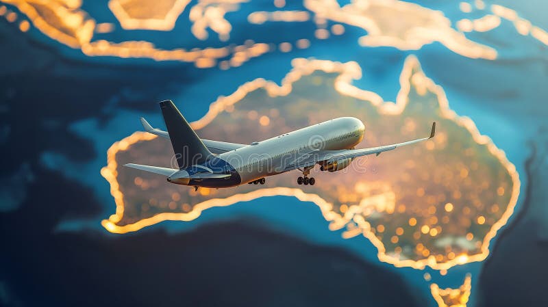 Commercial Airplane Flies Over an Illuminated Global Map at Night Stock ...