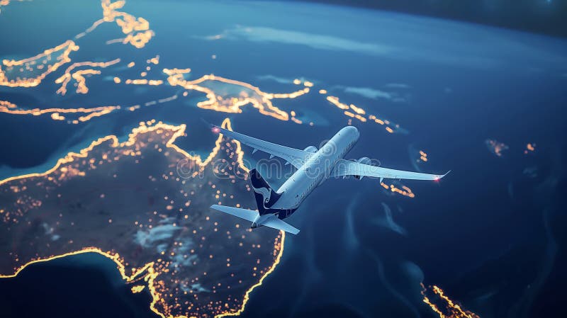 Commercial Airplane Flies Over an Illuminated Global Map at Night Stock ...