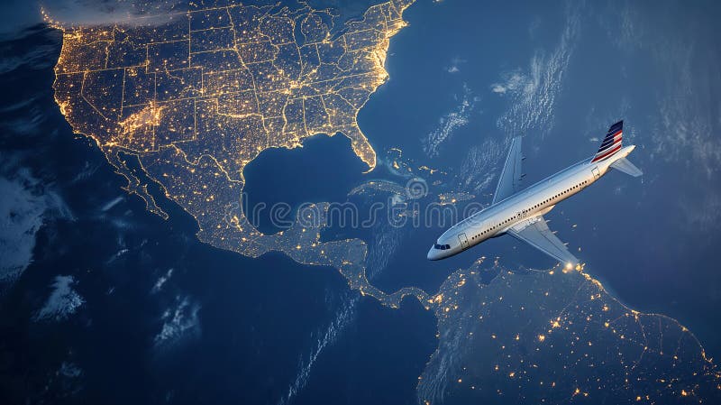 Commercial Airplane Flies Over an Illuminated Global Map at Night Stock ...