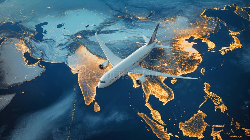 Commercial Airplane Flies Over an Illuminated Global Map at Night Stock ...