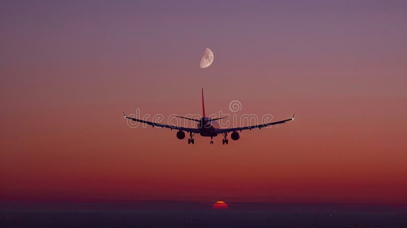 Commercial Airplane in Flight Against Sunset and Moon. Stock Image ...