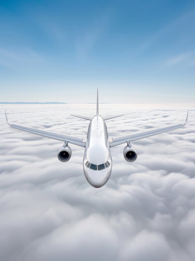 Commercial Airplane Flying Above Cloud Layer with Clear Blue Sky. Stock ...