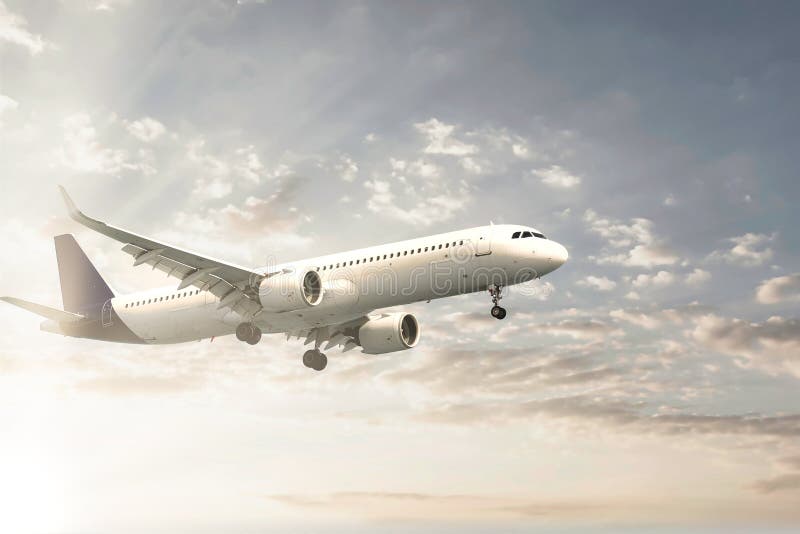 Commercial Airplane Flying Above Dramatic Clouds in Beautiful Sunset ...