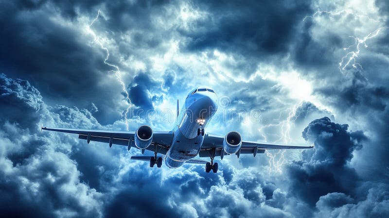 A Commercial Airplane Flying through a Dramatic Thunderstorm with Dark ...