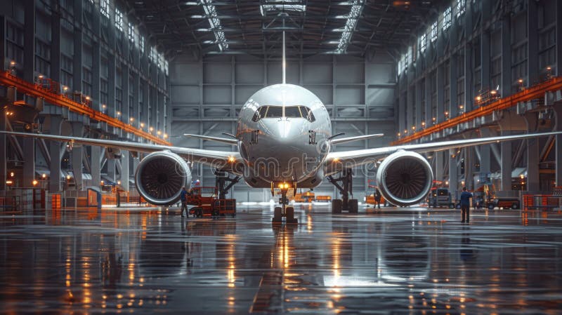 Commercial Airplane Front View Inside a Large Hangar Stock Illustration ...