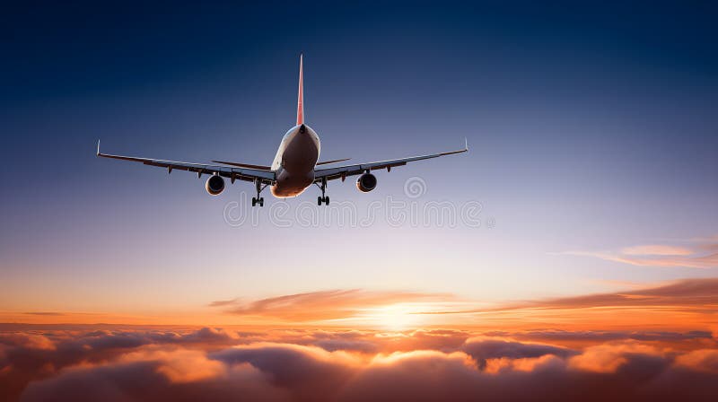 Commercial Airplane Soaring Above Dramatic Sunset Clouds Generative Ai