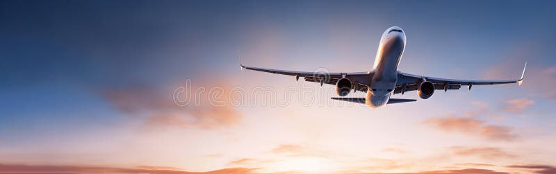Commercial Airplane Soaring During Sunset Created With Generative Ai