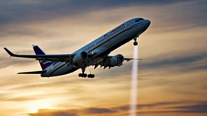 Commercial Airplane Taking Off through Dramatic Sunset Clouds Sky with ...