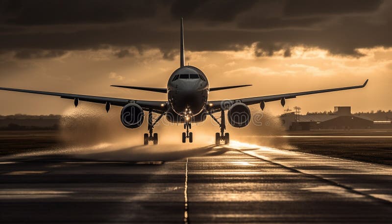 Commercial Airplane Taking Off at Dusk, Propeller Engine in Motion ...