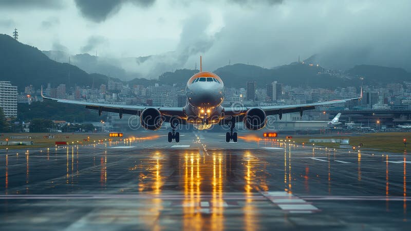 A Commercial Airplane Taking Off from a Runway at Sunset, with Glowing ...