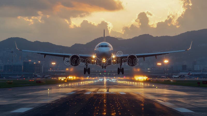 A Commercial Airplane Taking Off from a Runway at Sunset, with Glowing ...