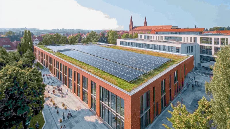 Commercial Building with Solar Panel Array on Rooftop for ...
