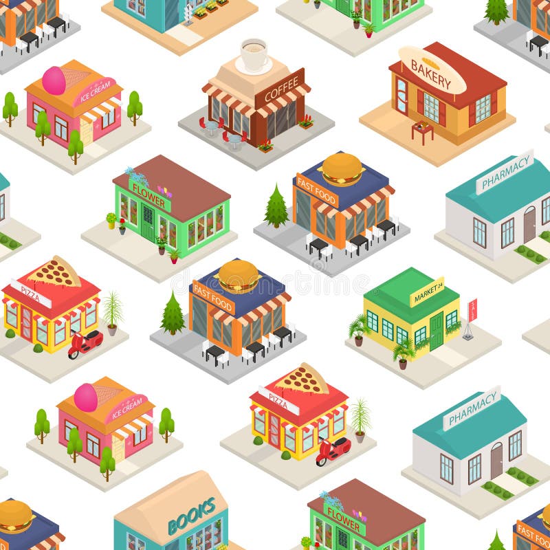 Commercial City Shops Signs 3d Seamless Pattern Background Isometric ...