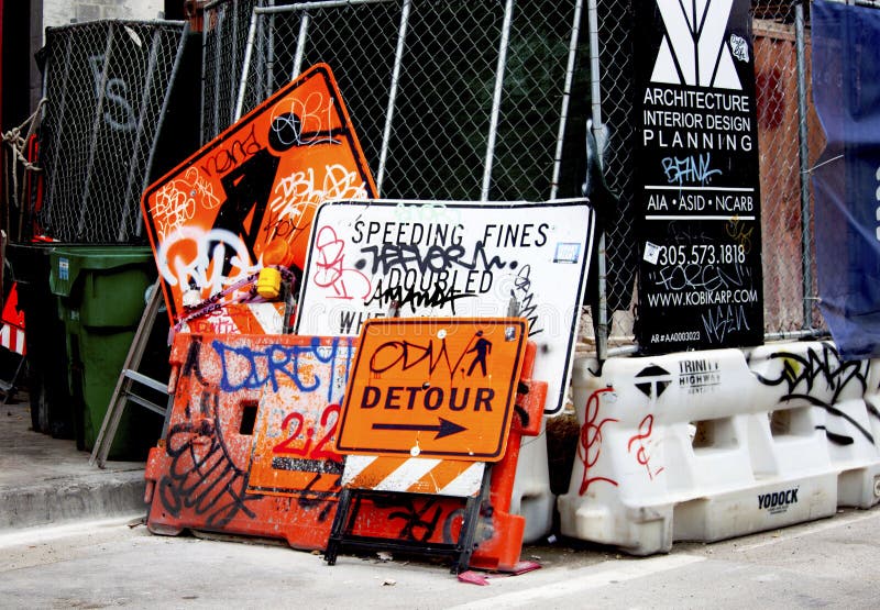 Commercial Construction Site with Traffic Sign with Graffiti Art ...