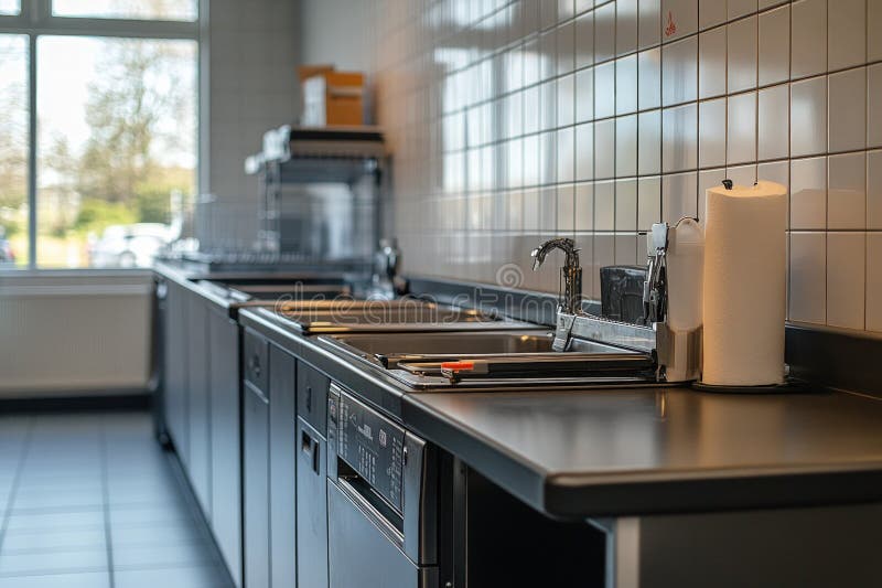 A Commercial Dishwashing Machine in a Kitchen, Modern and Functional ...