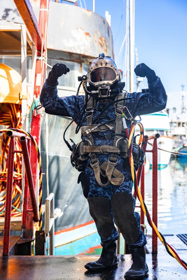 Commercial Diver Showing Off after Workshift Stock Image - Image of ...