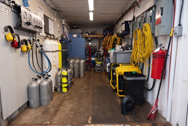 Commercial Diving Gear Organized in Container Stock Image - Image of ...