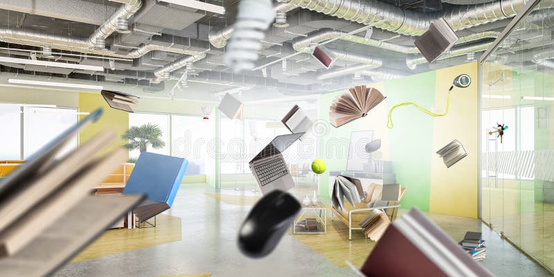 Commercial Ffice Workplace with Flying Objects Stock Photo - Image of ...