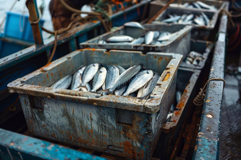 Commercial Fishing Concept - Containers of Fish on the Ship Stock ...