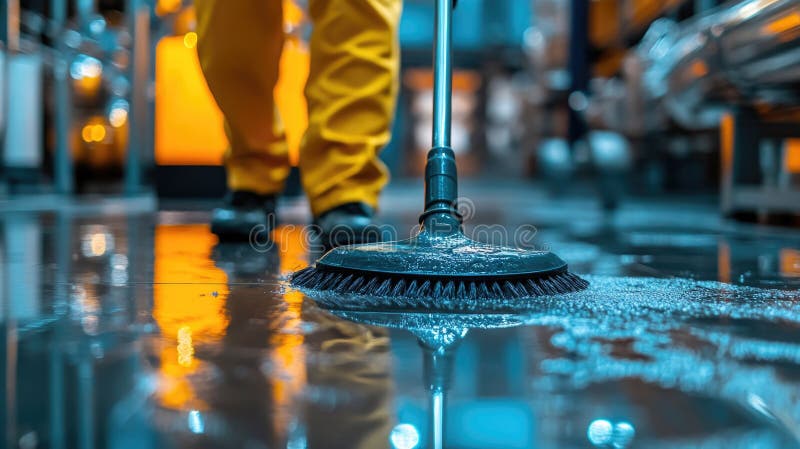 Commercial Floor Cleaning with Scrubber in Industrial Setting Stock ...