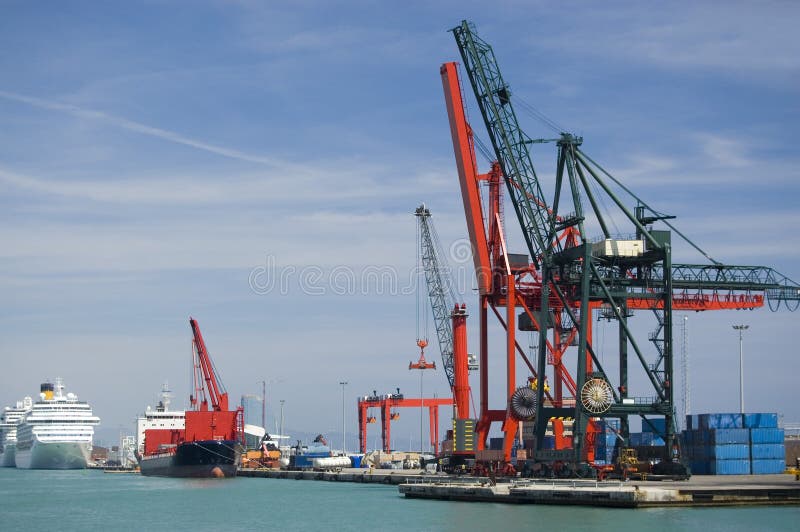 Commercial Harbor With Truck Forklift And Ship Stock Photo - Image of ...
