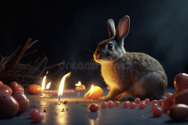 Rabbit Around Realistic Fire with Easter Eggs in Good Lighting for ...