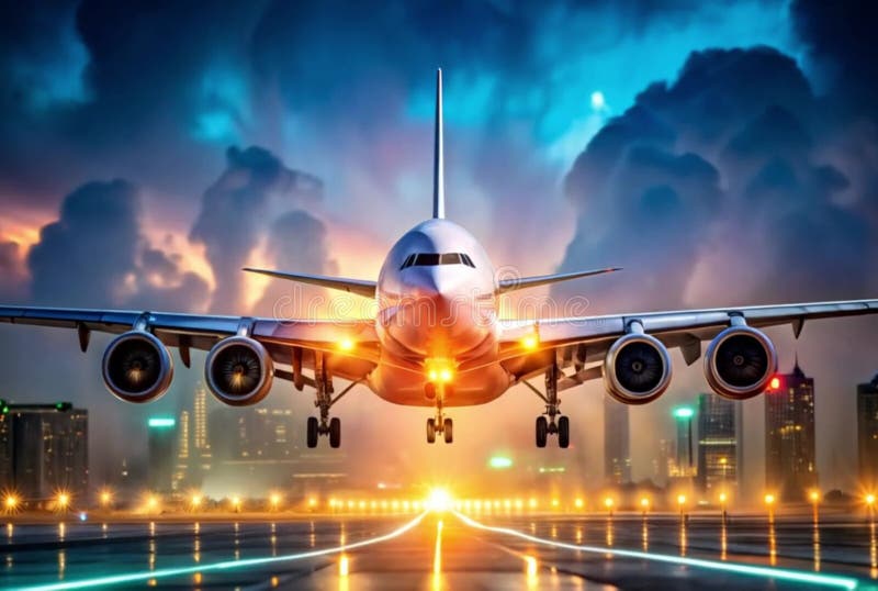 Commercial Jet Taking Off at Sunset or Night, Featuring Dynamic Engine ...